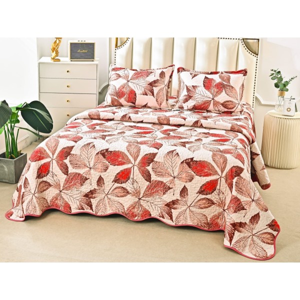 Cuvertura pat dublu din Bumbac Satinat Superior, 3 PIESE, Maro-Rosu, frunze - Cumparamisim.ro